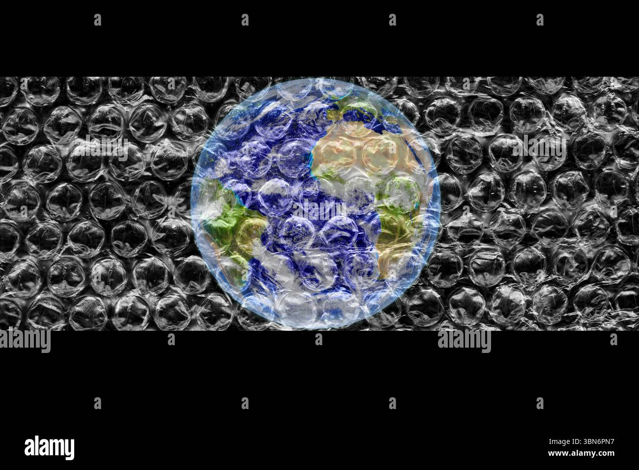 Earth in bubble wrap plastic concept of sustainability and protecting ...