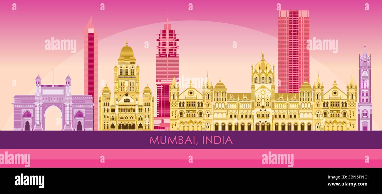 Sunset Skyline panorama of city of Mumbai, India - vector illustration ...