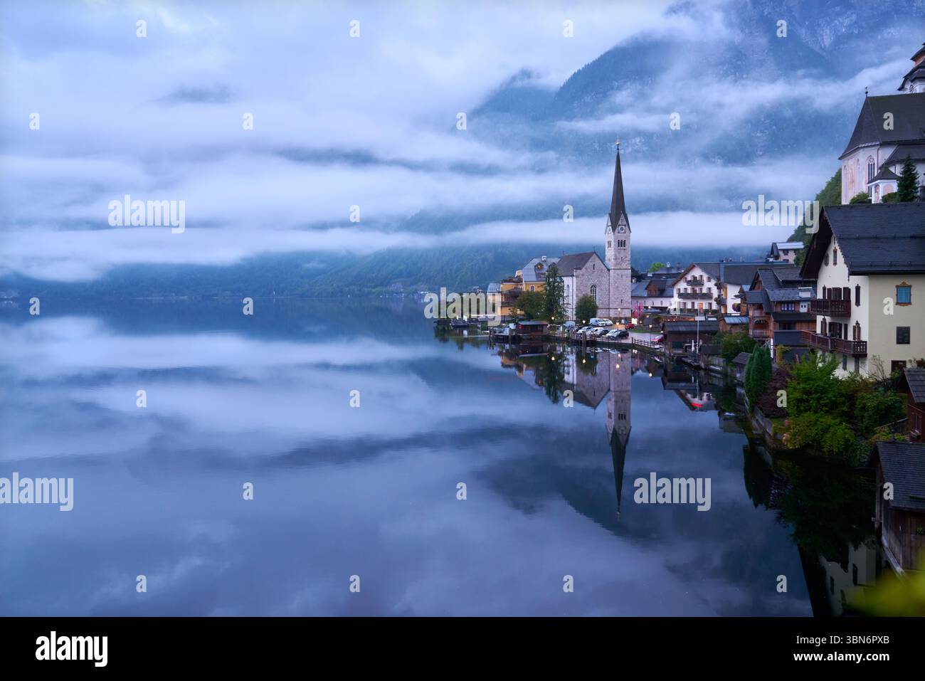 Hallstatt Village Misty Morning Layers Salzkammergut Region Austria ...