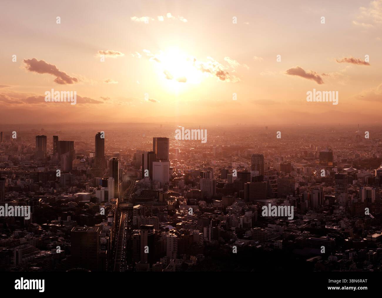 Dramatic aerial sunset scenery of Tokyo city landscape lit with bright ...