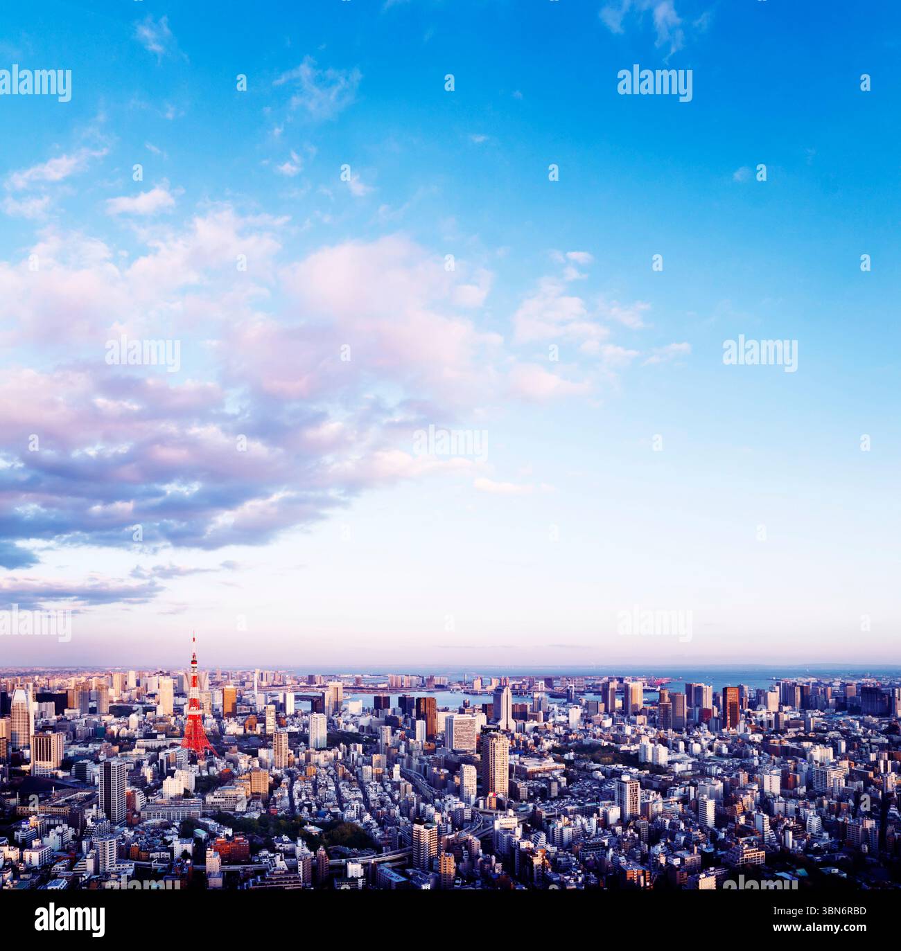Tokyo tower in beautiful aerial scenery Tokyo city under vast blue sky ...