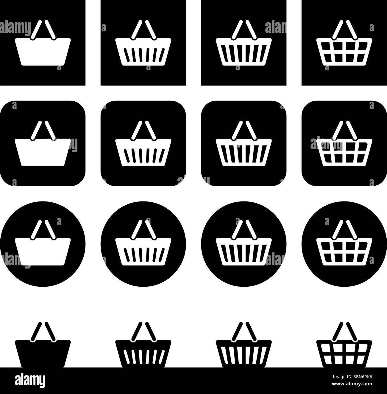 Set of shopping basket icons. Set of black and white round and square ...