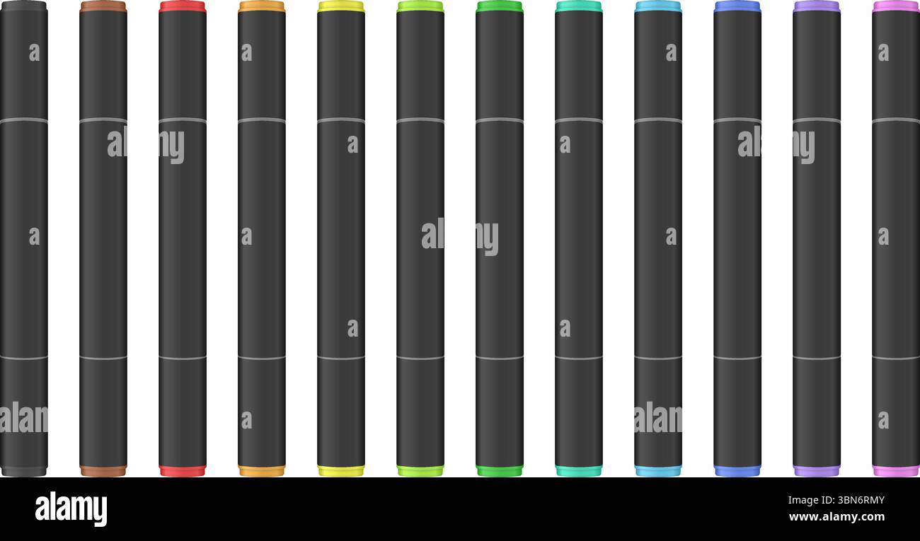Set of black dual tip markers. Rainbow palette. Coloring or sketching ...