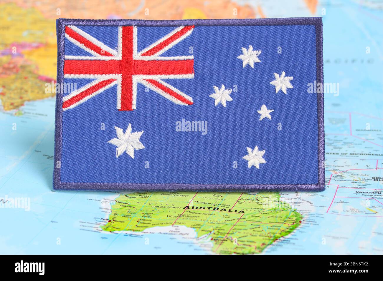 Eco friendly Australia flag embroidery on world map, placed at Canberra ...