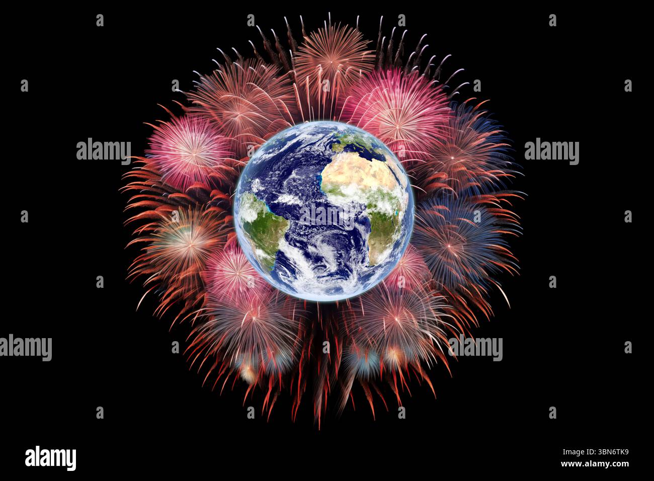 Colorful fireworks on planet earth. Mystical view from orbit. New Year ...
