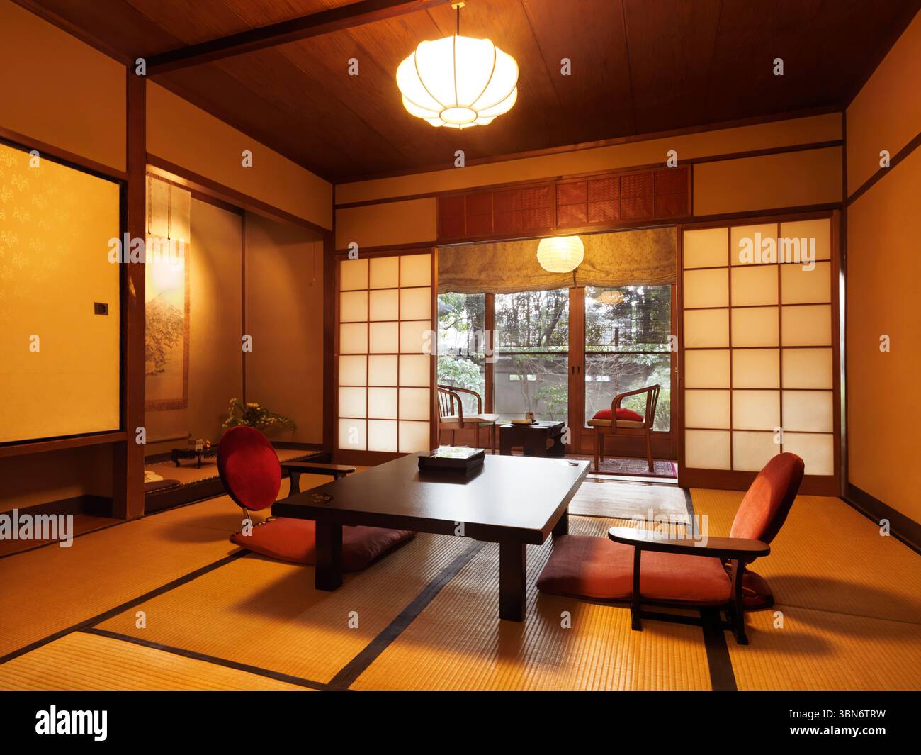 Traditional Japanese room interior at a ryokan with garden view in ...