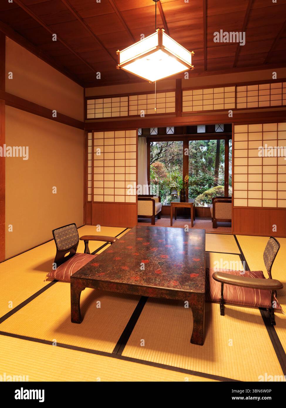 Ryokan traditional Japanese room interior with garden view in Gero ...