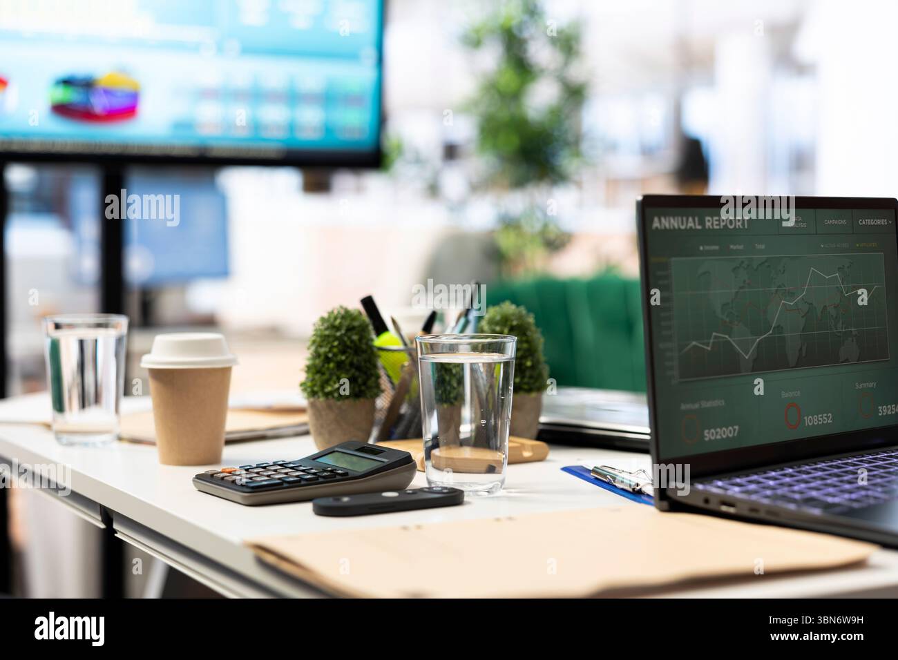 Empty modern office setup with advanced technology enhances ...