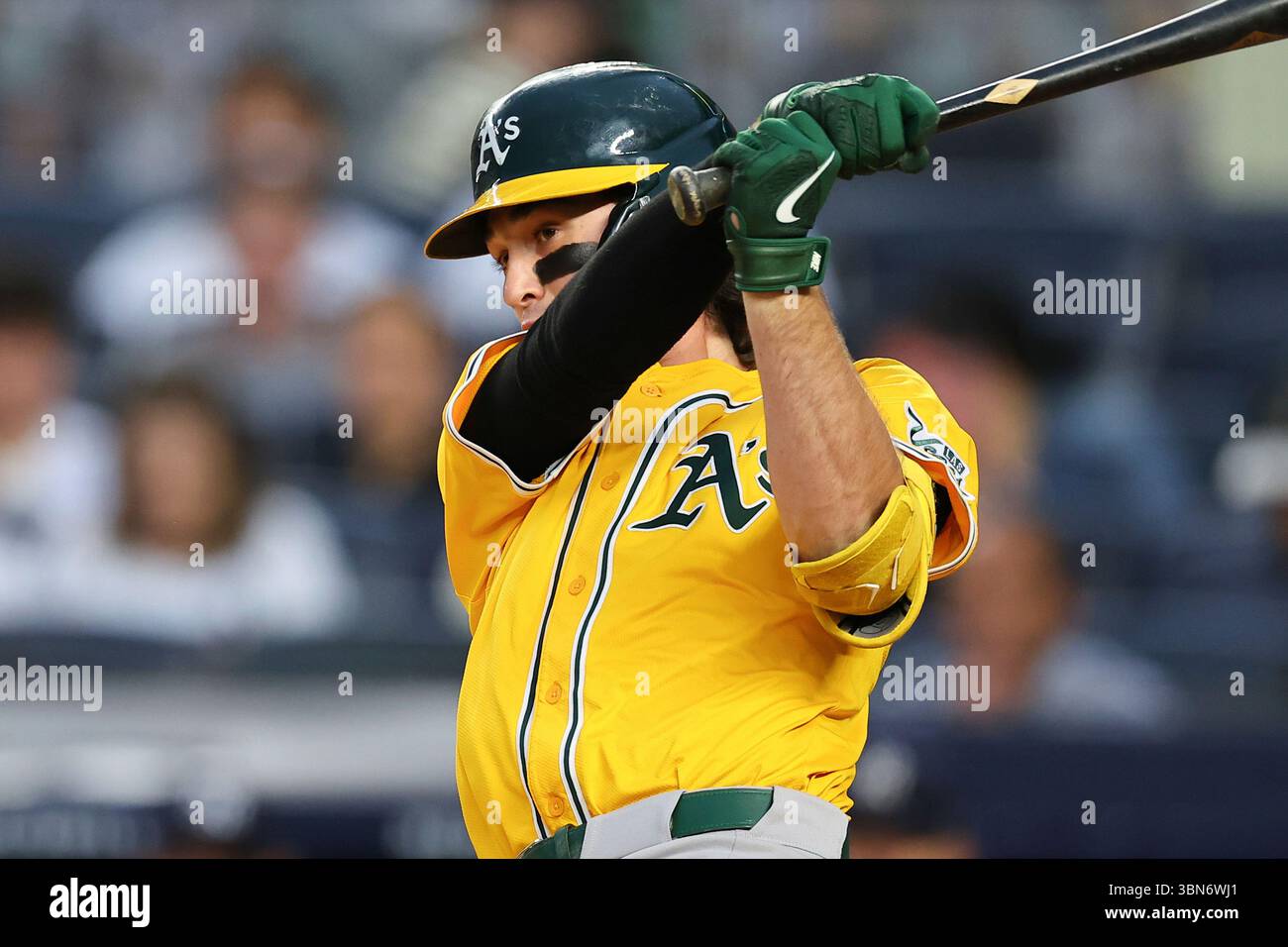 BRONX, NY - JUNE 27: Jacob Wilson #5 of the Athletics at bat during the ...