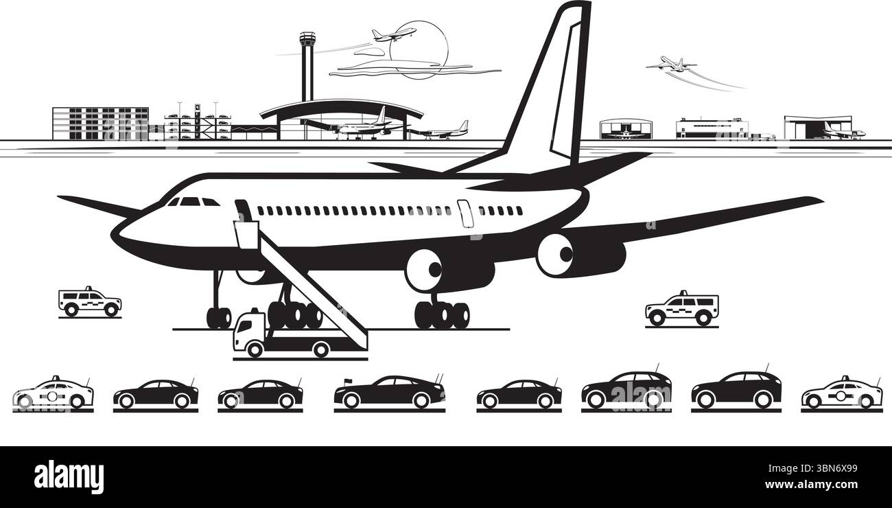 Official car escort with airplane at airport – vector illustration ...