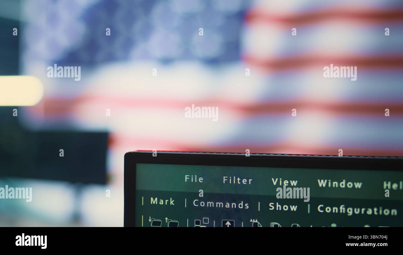 Empty high tech office with a big screen showing an American flag ...
