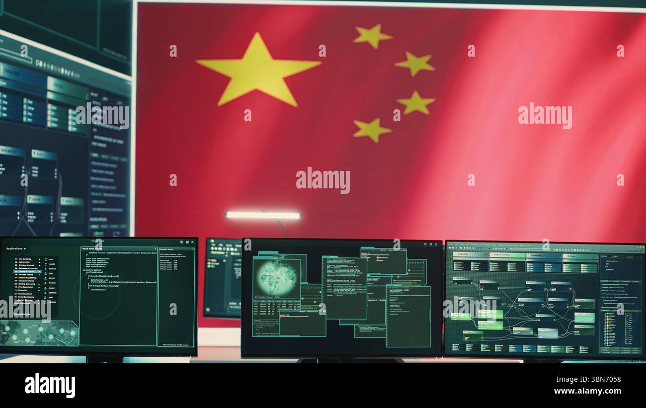 High tech surveillance room featuring a Chinese flag on big screen ...