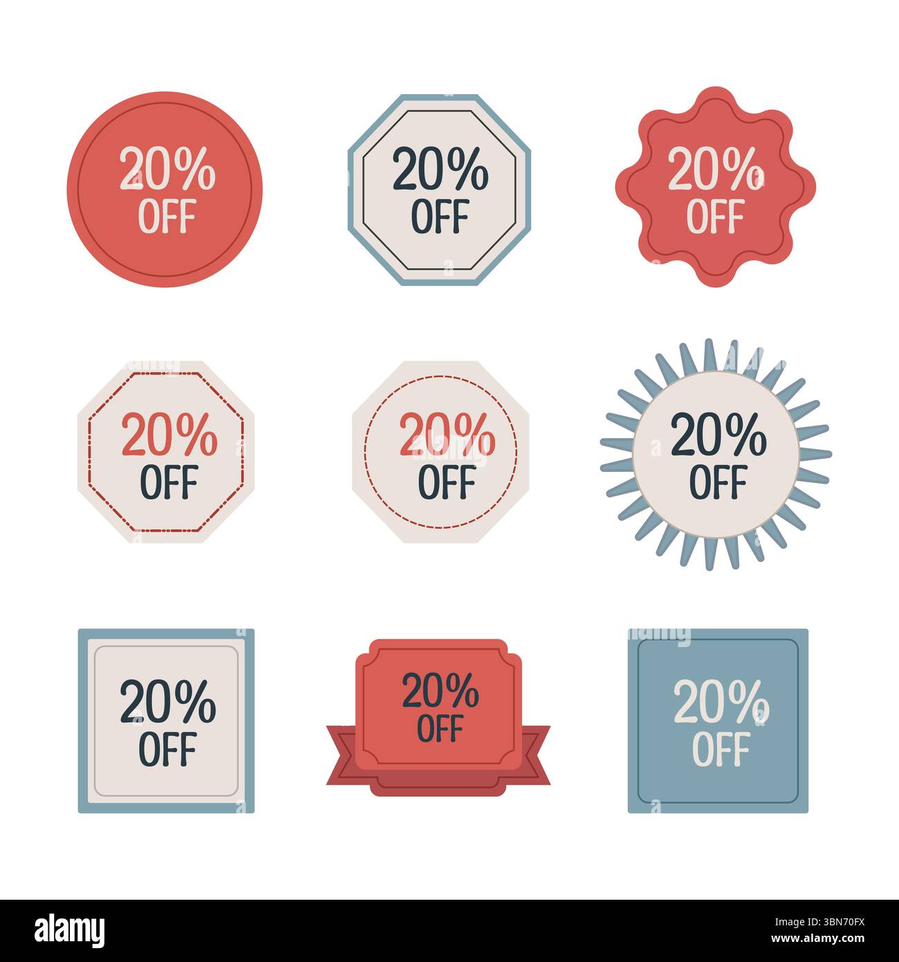 Collection of nine different discount tags showing 20 percent off isolated on white background ...