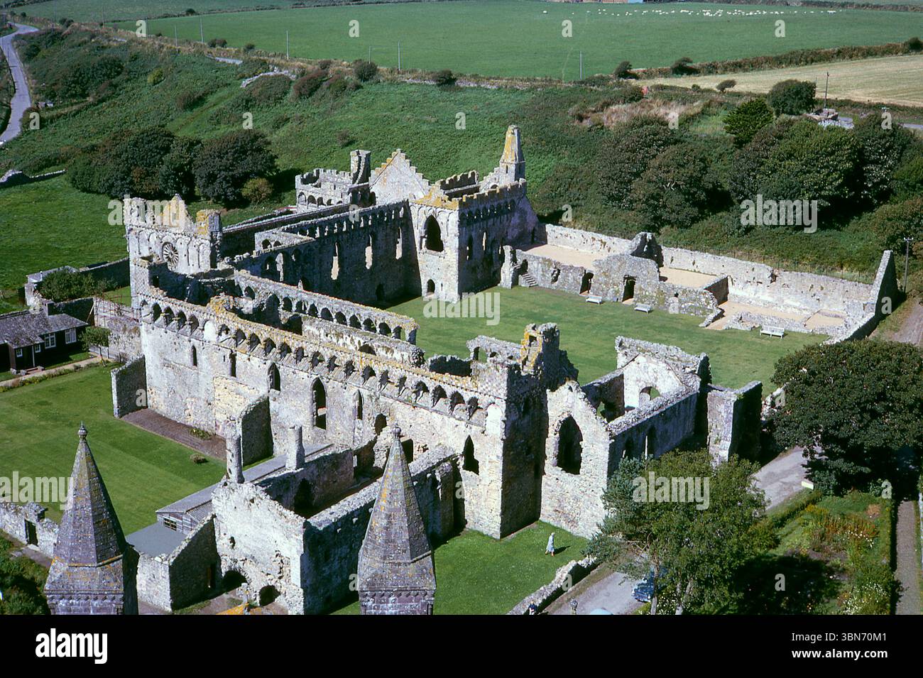 1960s Wales - view looking down on the ruins of St Davids Bishops ...
