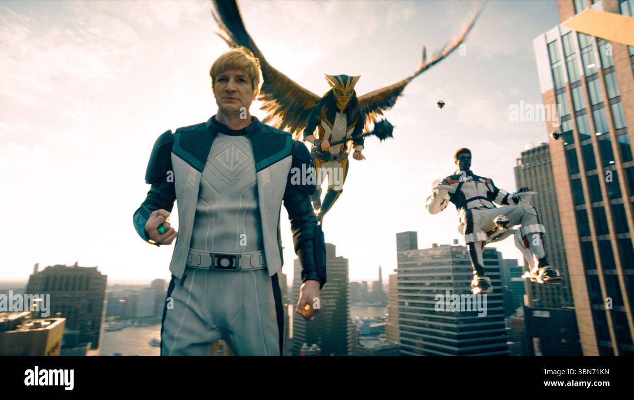 SUPERMAN, from left: Nathan Fillion, as Guy Gardner, Isabela Merced, as Hawkgirl, Edi Gathegi ...