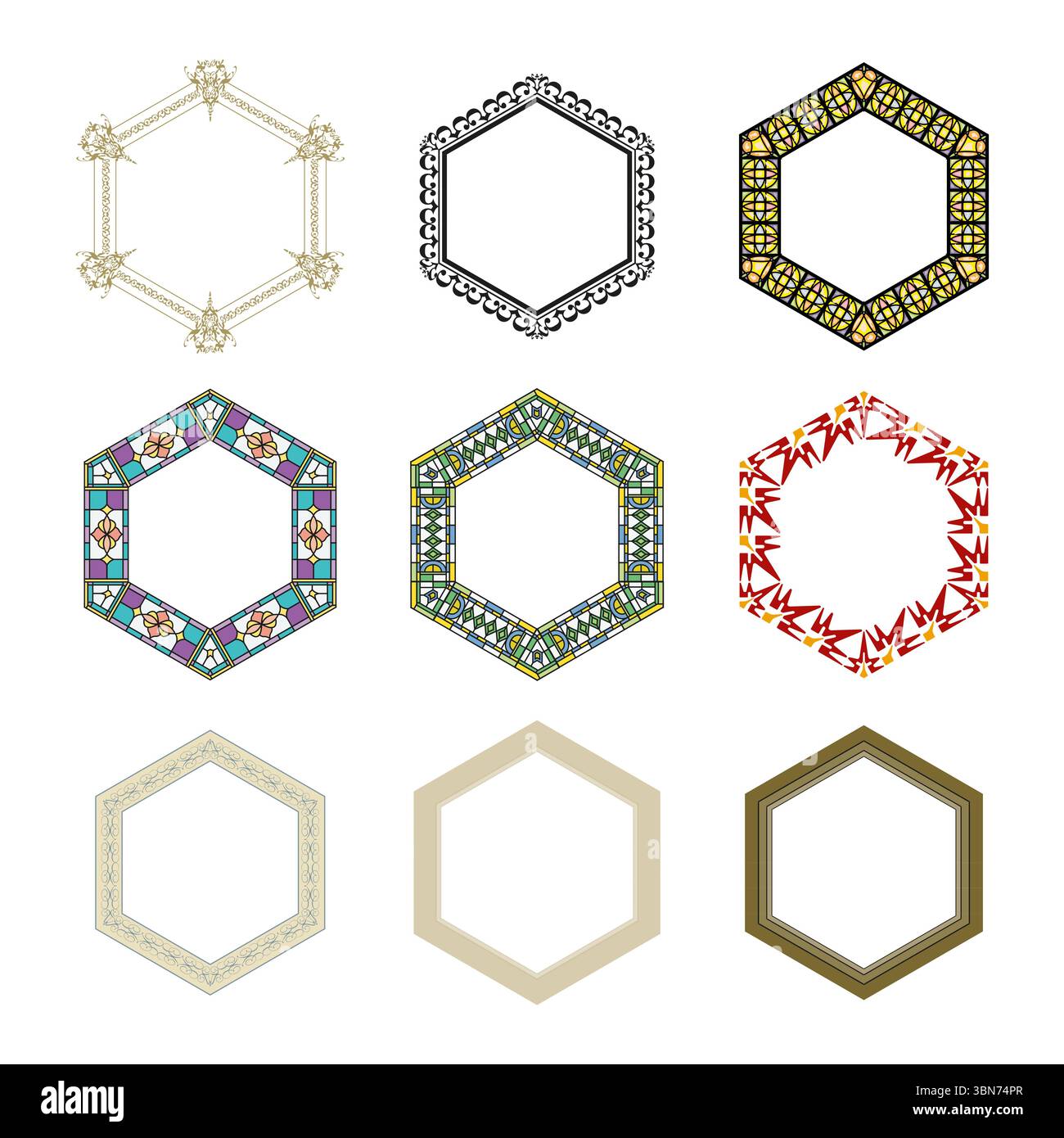 Stained glass frames. Hexagon mosaic shape. Ornamental border icon ...