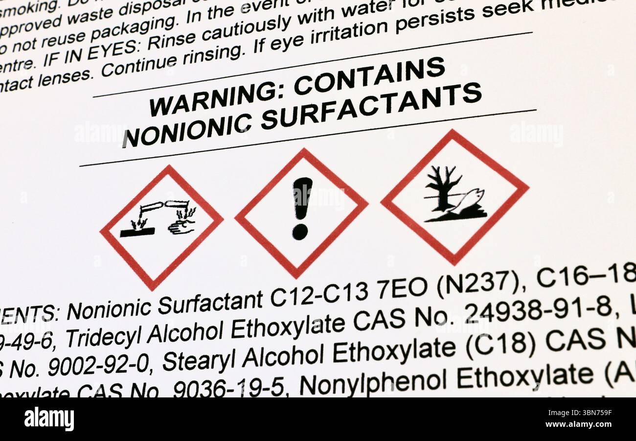 Chemical label warns of nonionic surfactants often found in detergents ...