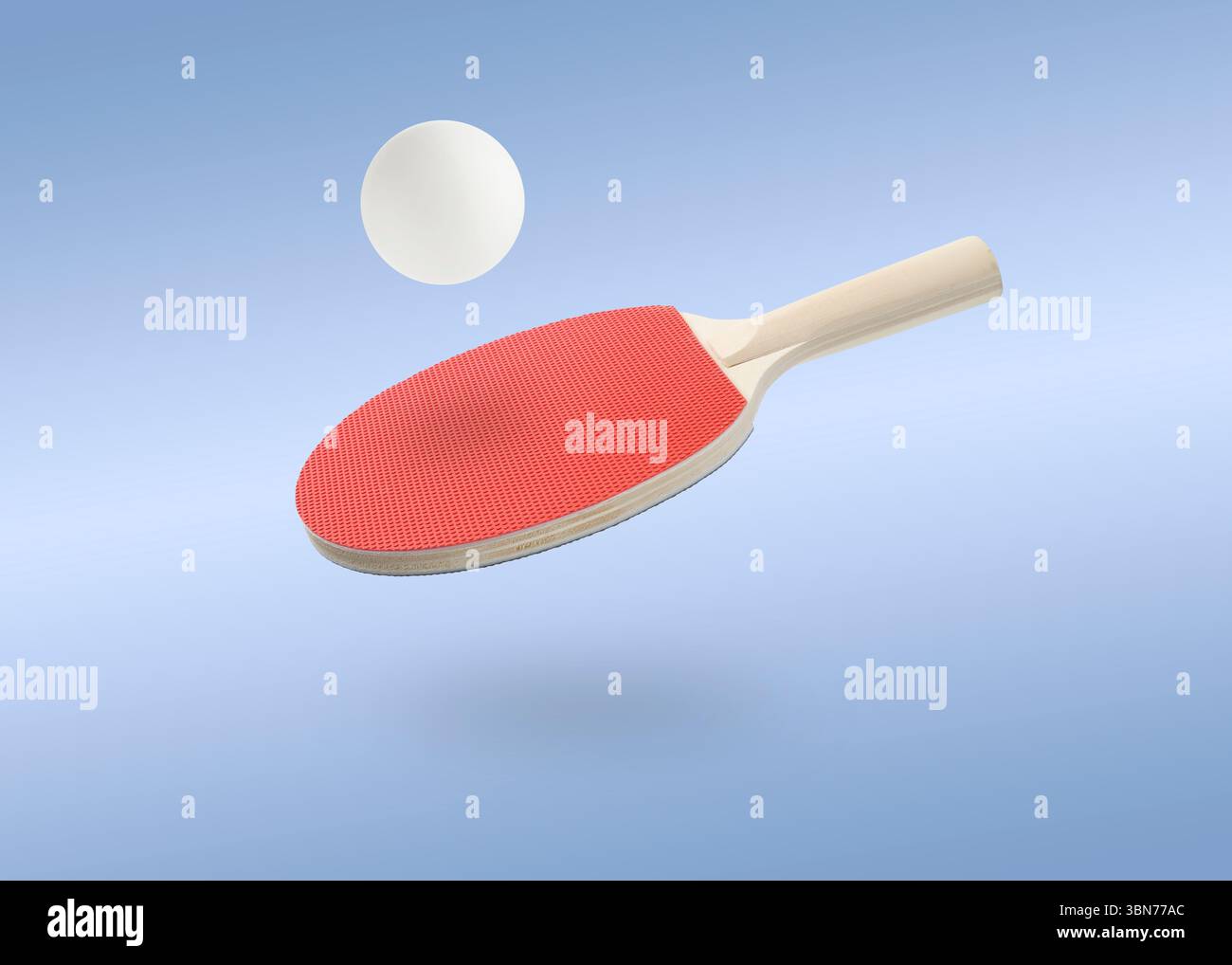 Ping pong racket and ball in air against light blue background Stock ...