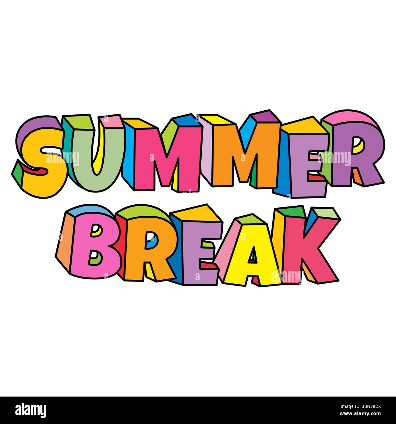 summer break cartoon text design vector illustration in a fun 3d-style ...
