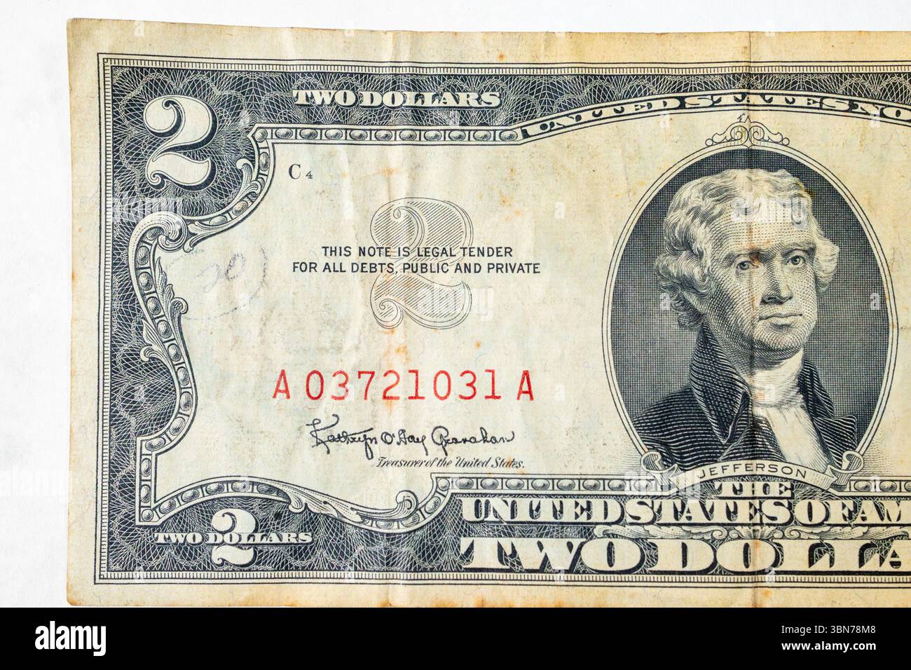 Half of Old Two Dollar Bill with Jefferson Portrait - bill from 1963 ...