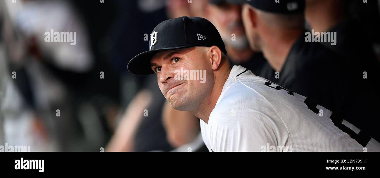 Detroit Tigers starting pitcher Tarik Skubal, foreground, sits in the ...