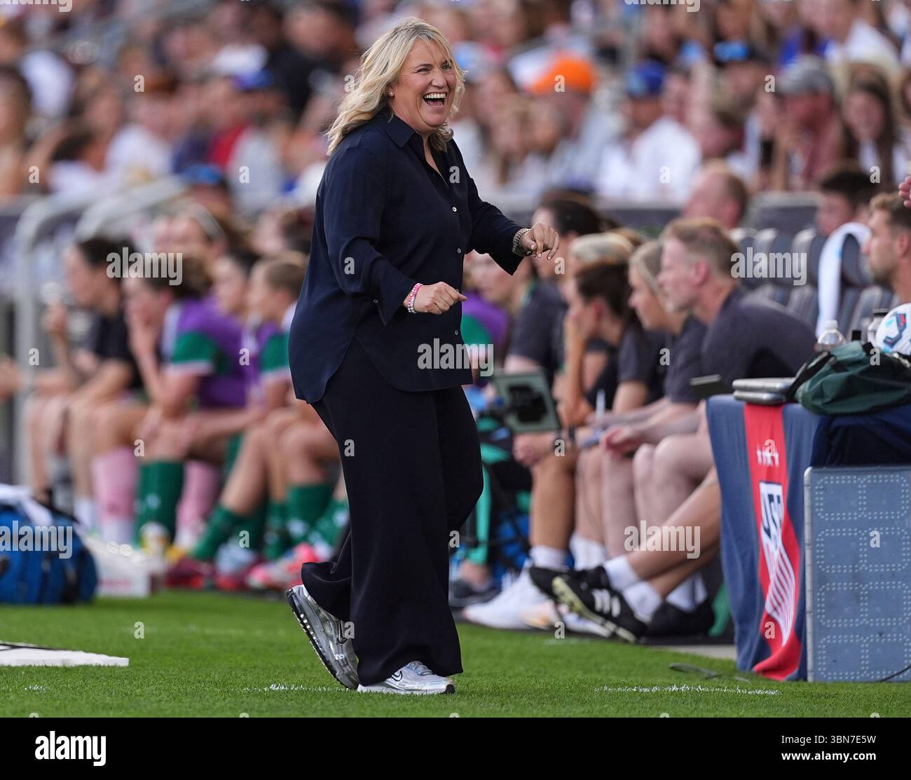 USA womens' national team head coach Emma Hayes laughs after fielding ...