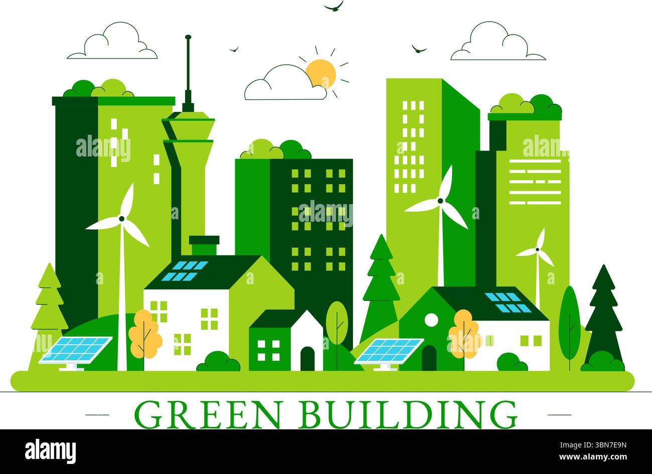 Green Building Vector Illustration Featuring a Beautiful Modern Eco ...