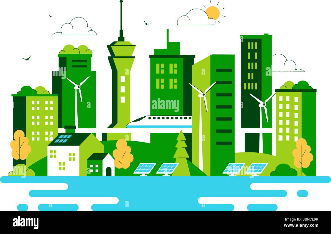 Green Building Vector Illustration Featuring a Beautiful Modern Eco ...
