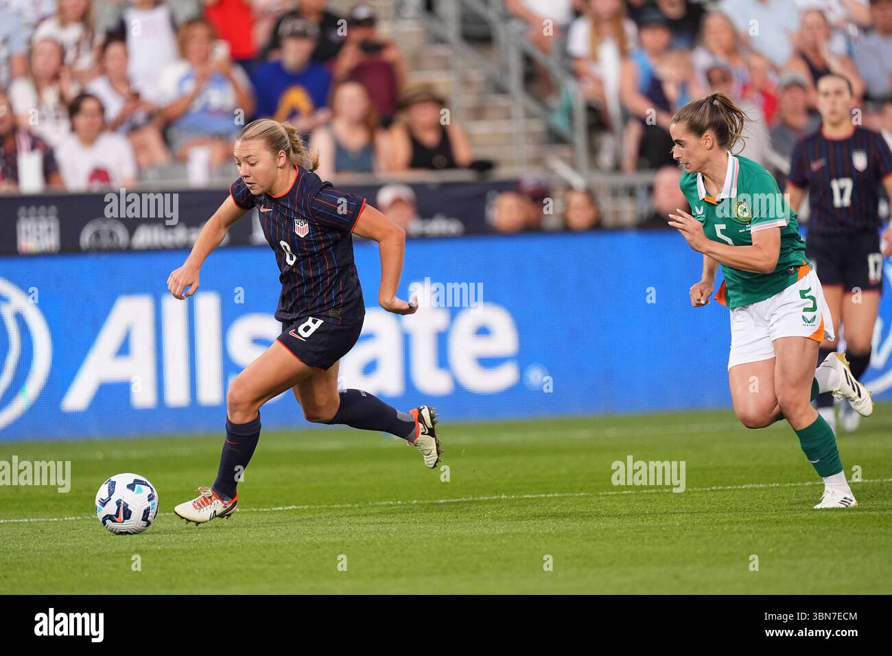 USA womens' national team defender Avery Patterson moves the ball past ...