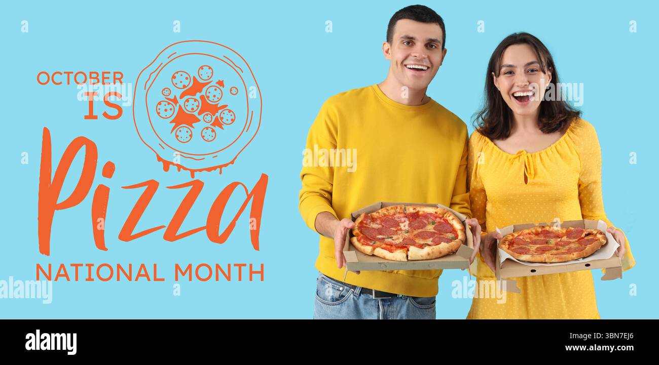 Young couple with tasty pepperoni pizza on blue background. Banner for ...