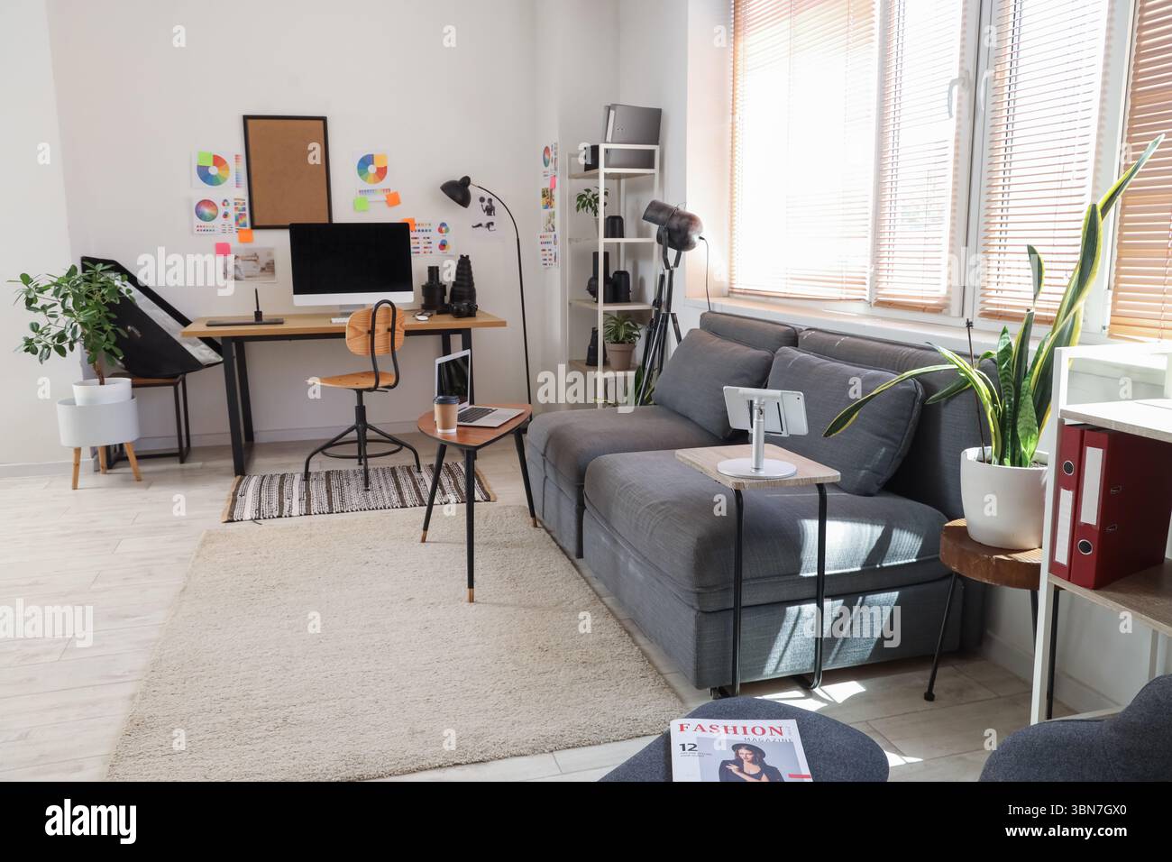 Stylish office with workplace, modern computer, sofa and photographer ...