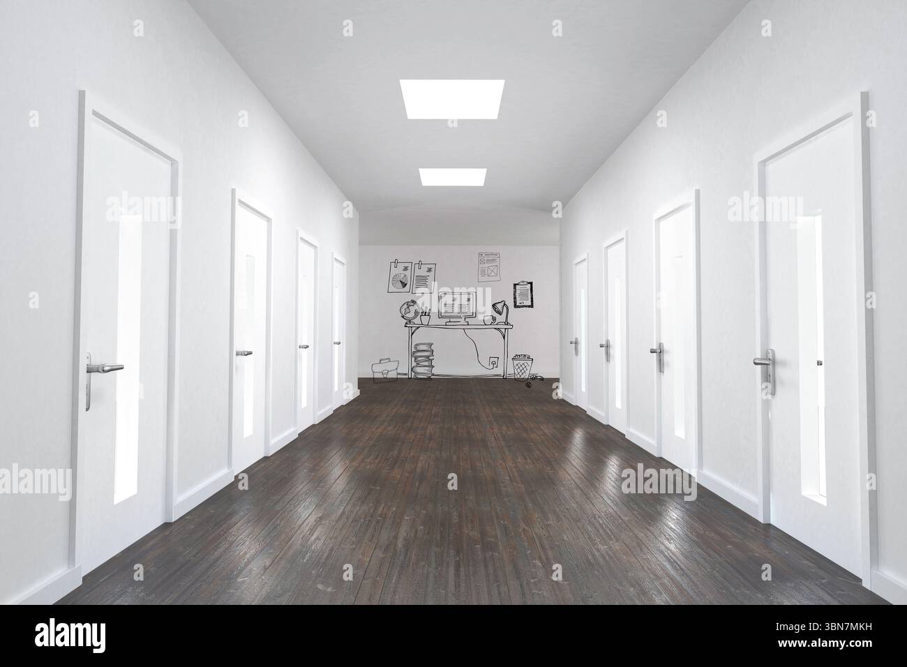 Symmetric office corridor is extending in flat style with white panel ...