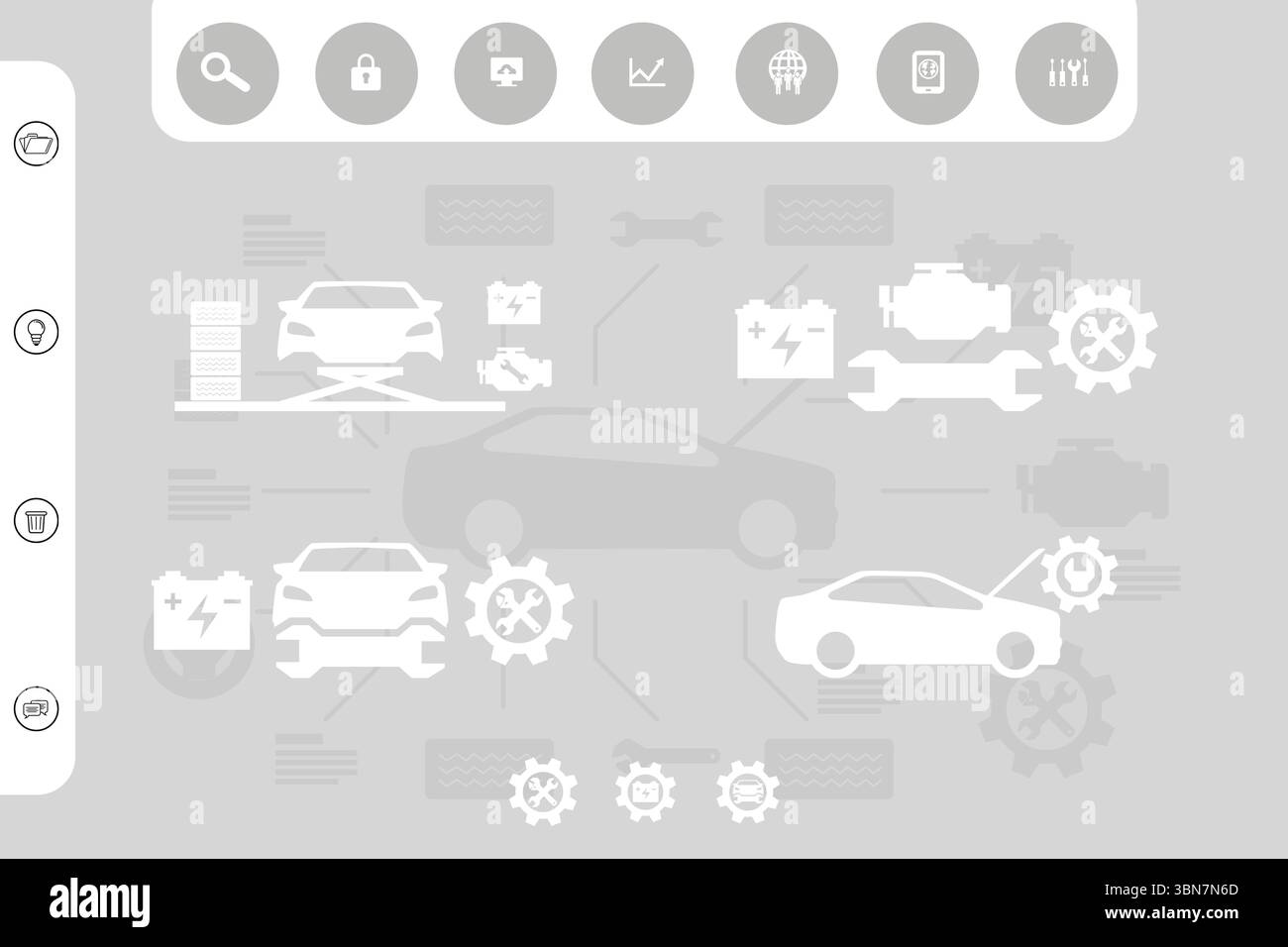 Grayscale flat infographic is showing automotive diagnostics workflow ...