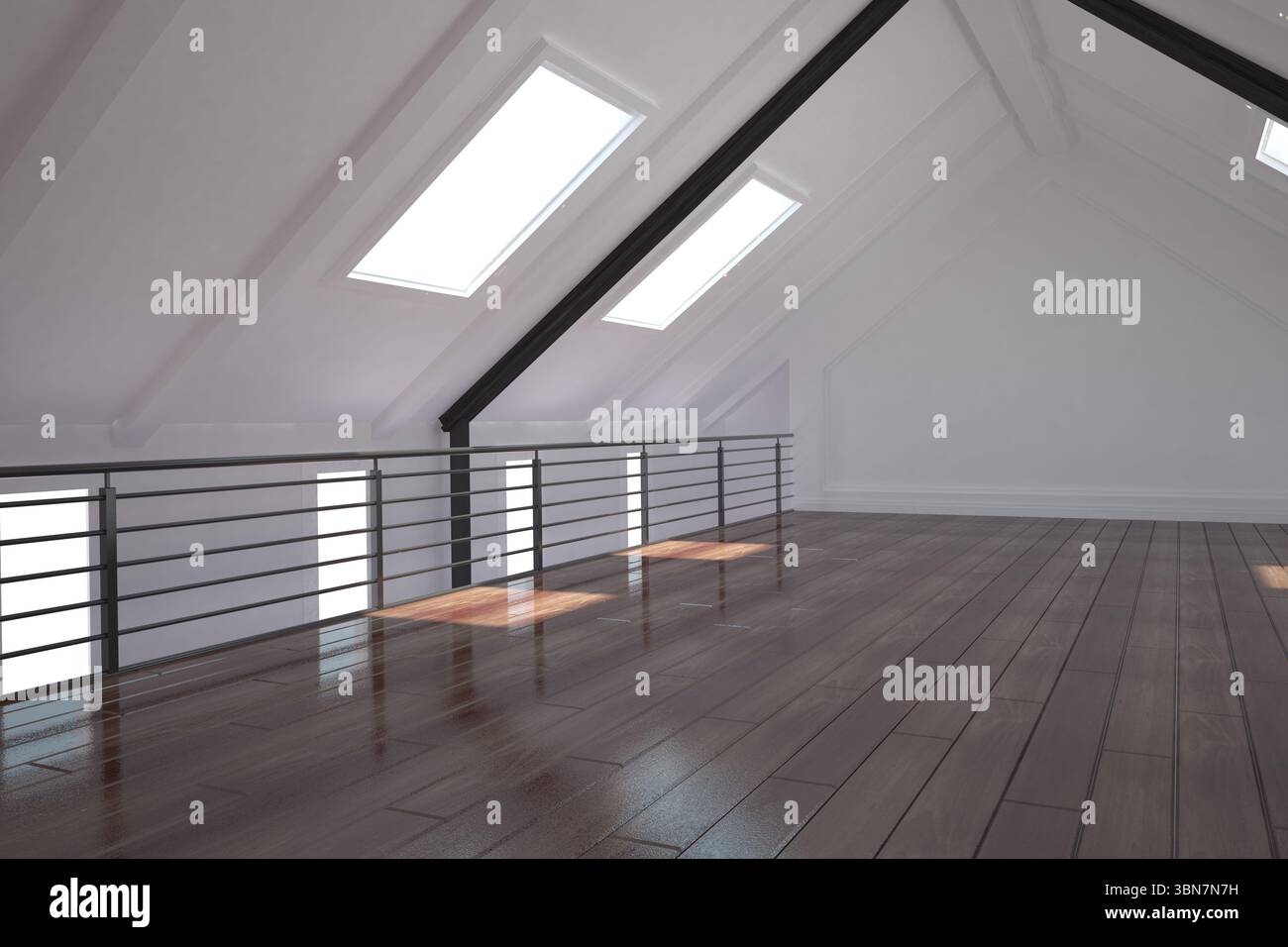 Empty loft interior is showcasing pitched ceiling with skylights and ...