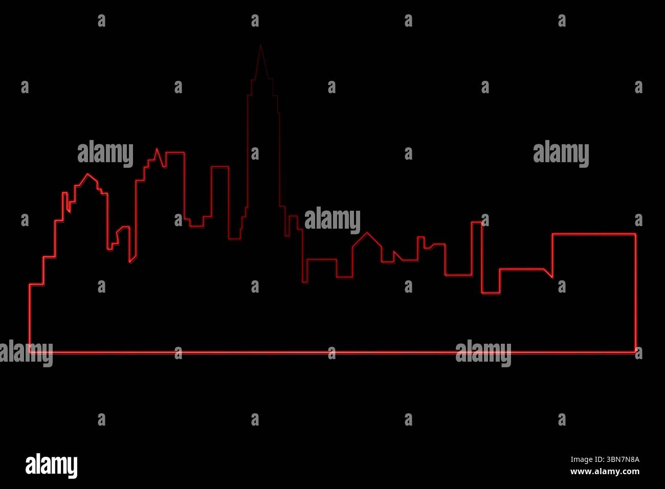 Vector line art is tracing neon-red skyline on black background ...