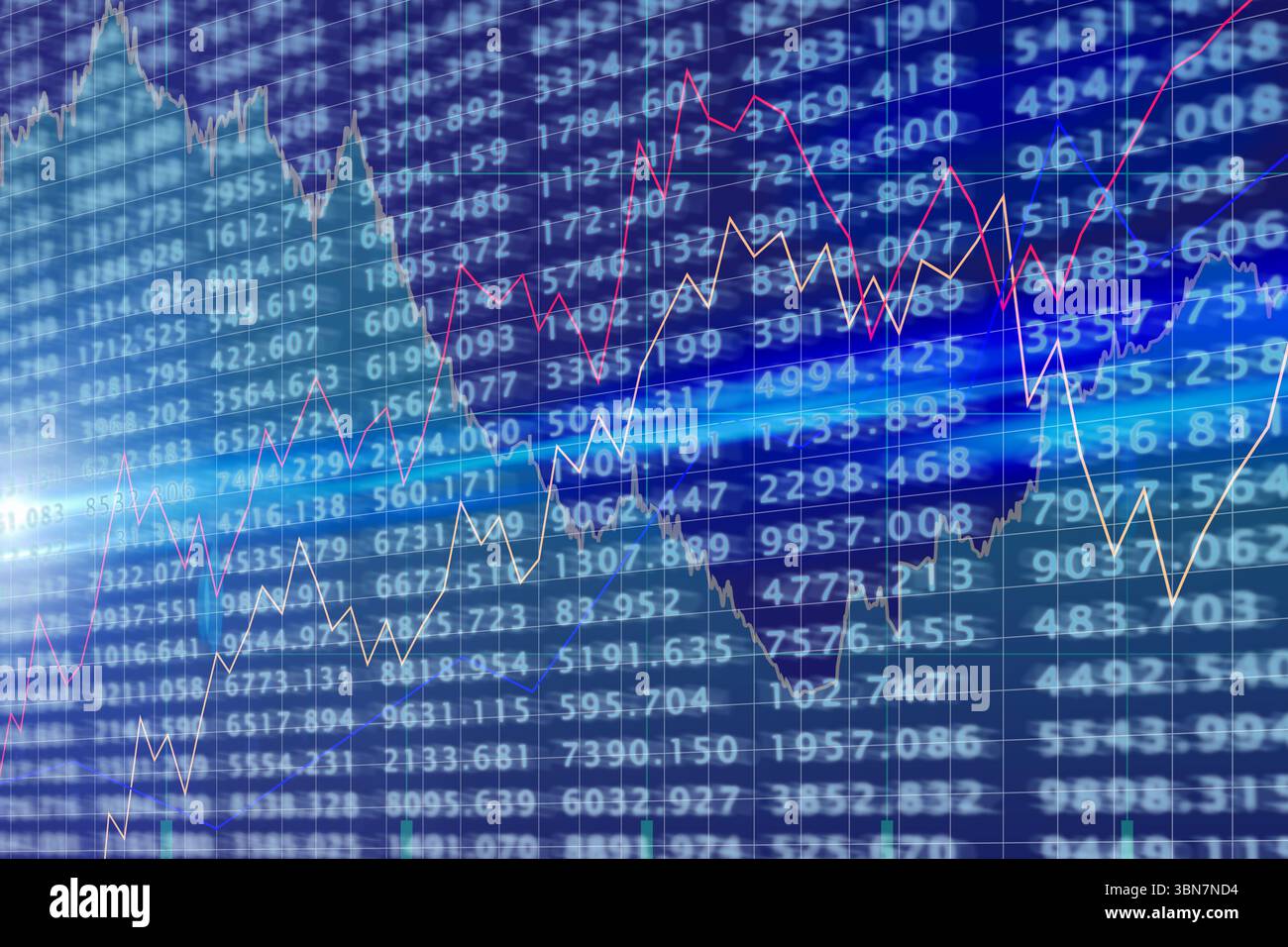 Displaying multi-color line graphs on blue grid with translucent numeric overlay and glowing ...