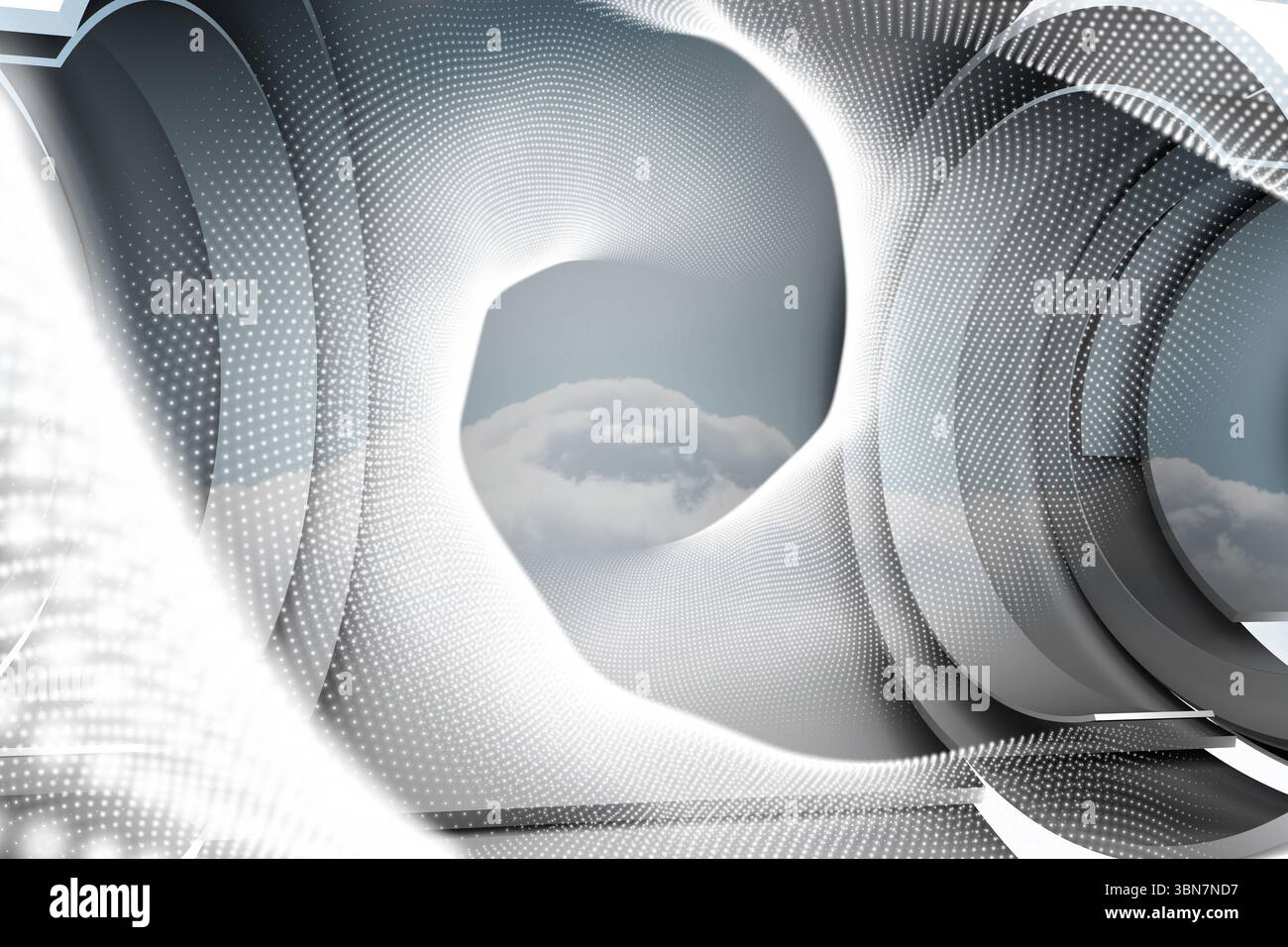 Swirling white dotted mesh structure is revealing cloudy sky in 3D ...