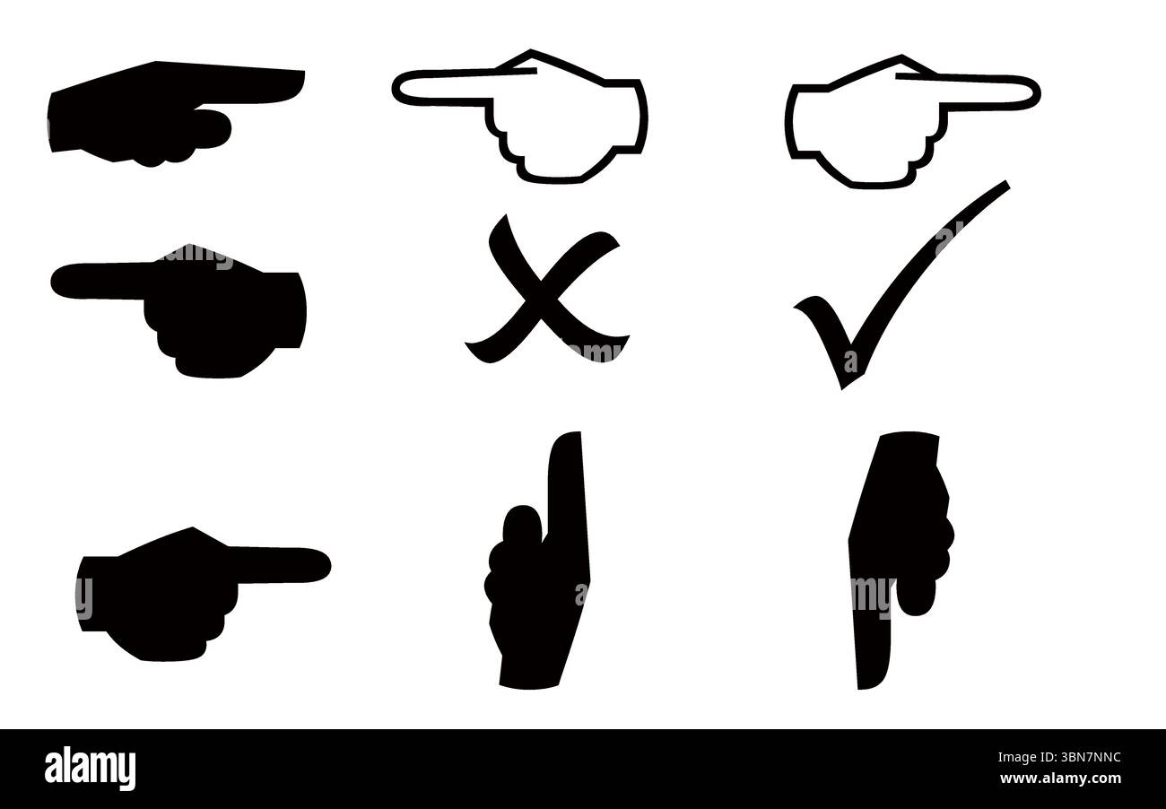 Hand Pointer, Checkmark & X-Mark Icon Set - Black & White Directional Gestures Stock Vector ...
