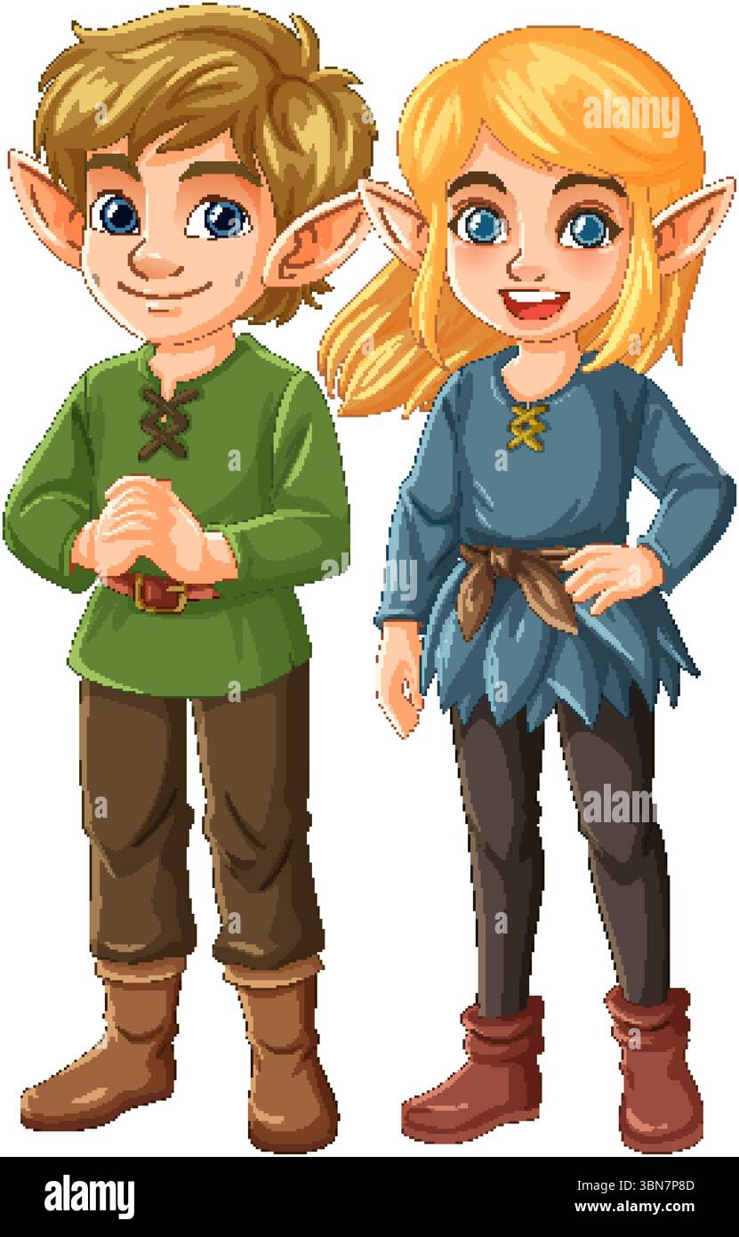 Two cheerful elves in colorful outfits, showcasing a whimsical fantasy ...