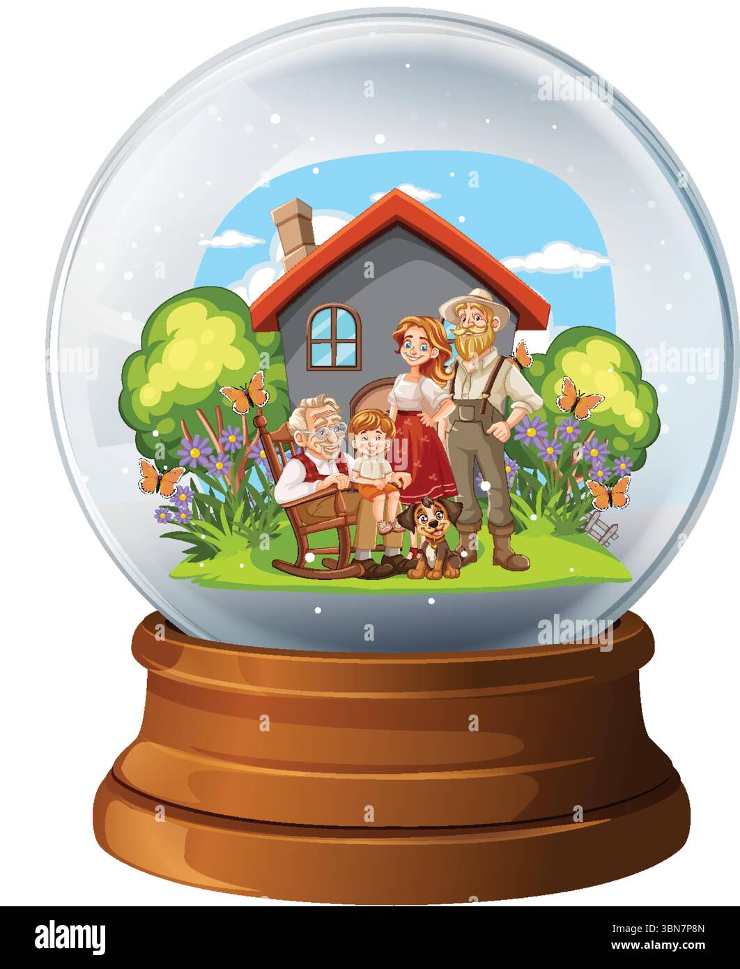 Vector illustration of a family in a snow globe with a house and garden ...