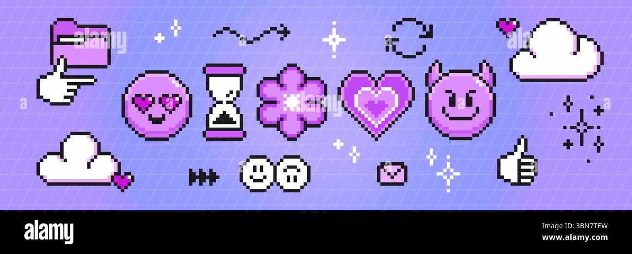 Pixel art emoticon set with purple smiling face with heart eyes and ...
