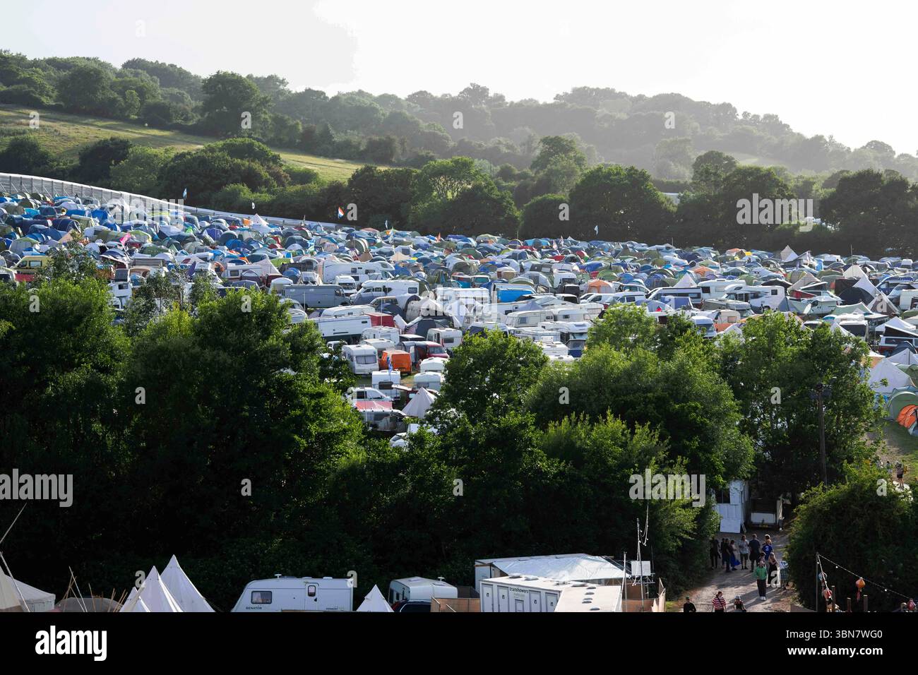Camping grounds during Glastonbury Festival on Worthy Farm, in Somerset ...
