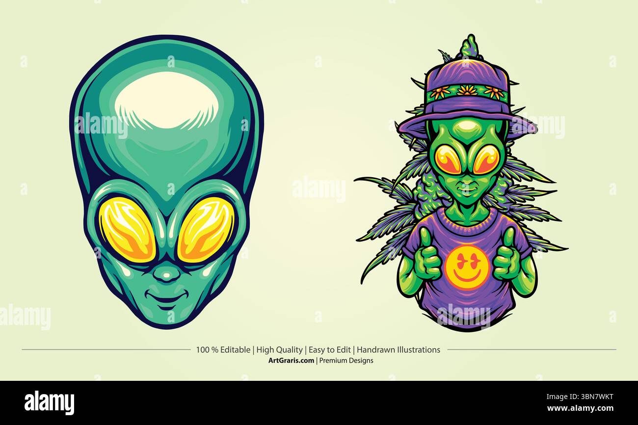 Green Aliens With Yellow Eyes Marijuana Designs vector illustrations ...