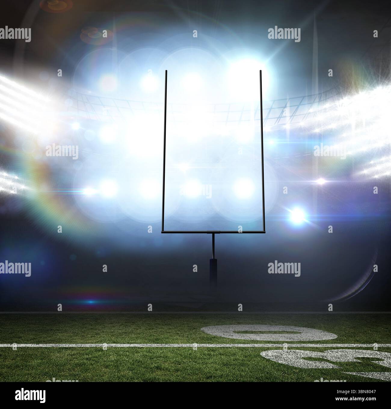 Flat design football goal post is standing under floodlit stadium ...