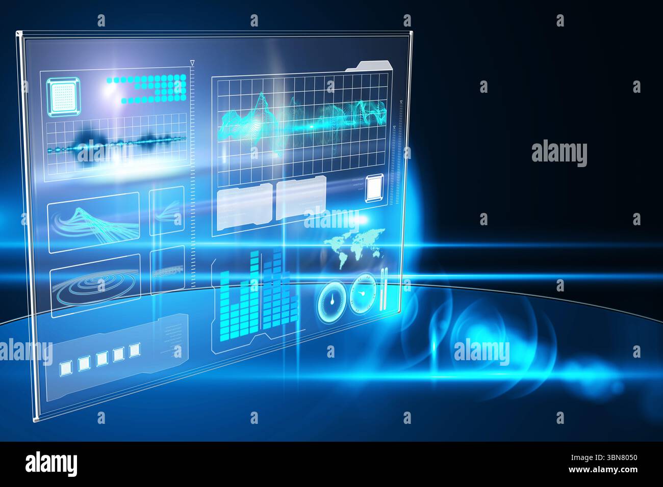 Futuristic 3D render holographic interface floating on platform, showing charts, waveforms ...
