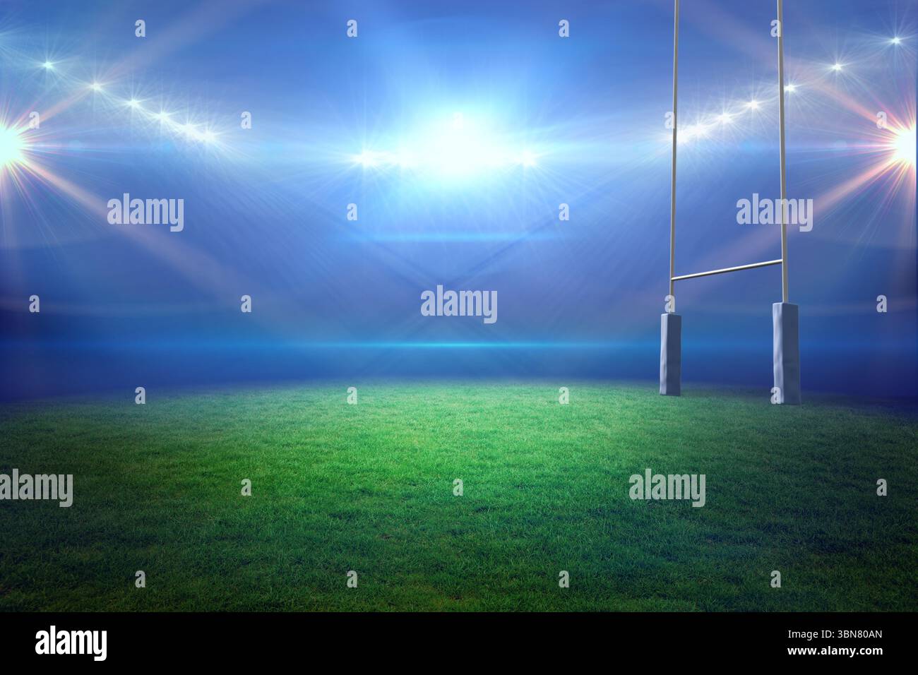 Flat design rugby goal posts are standing on misty night stadium field ...
