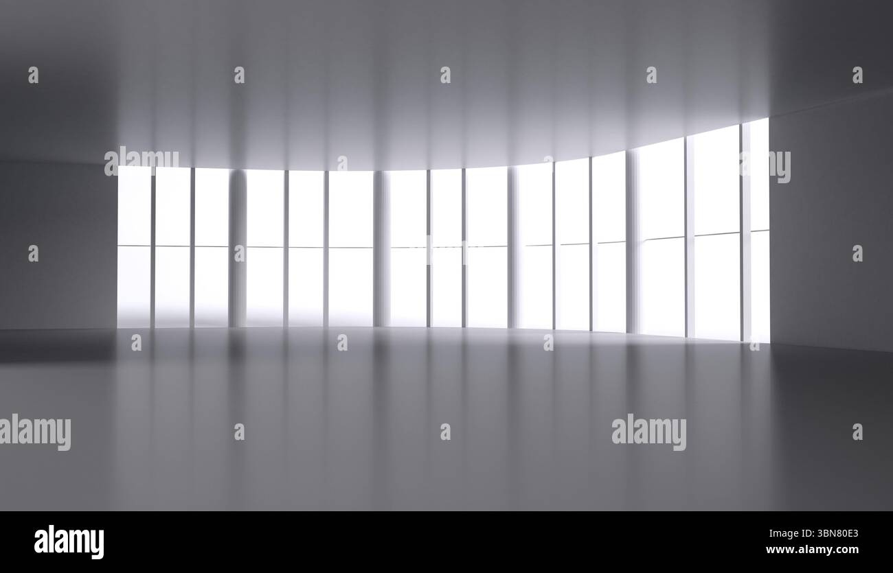 Flat design is showing curved glass panel wall reflecting light across ...