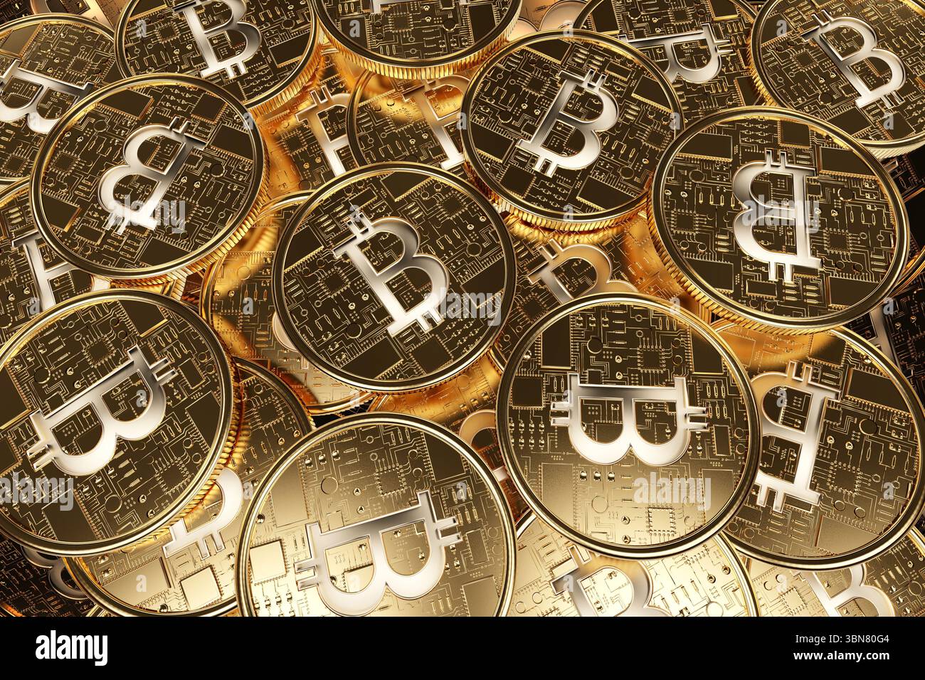 Gold bitcoin coins are piling up and glinting in 3D render, with ...