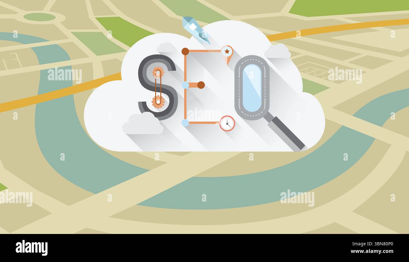 SEO text on cloud against navigation map Stock Photo - Alamy