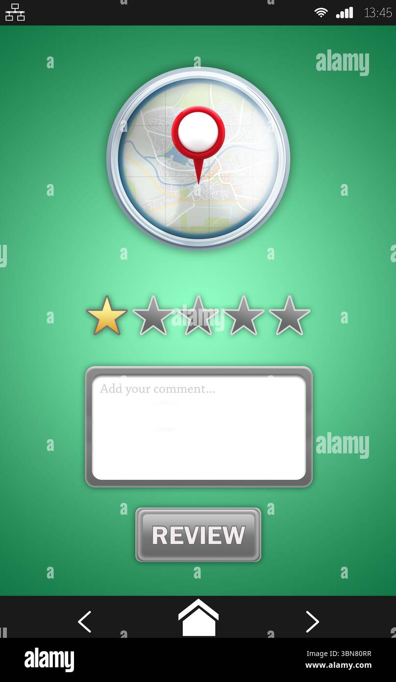 Flat design UI is showing circular map with red pin, five-star rating ...